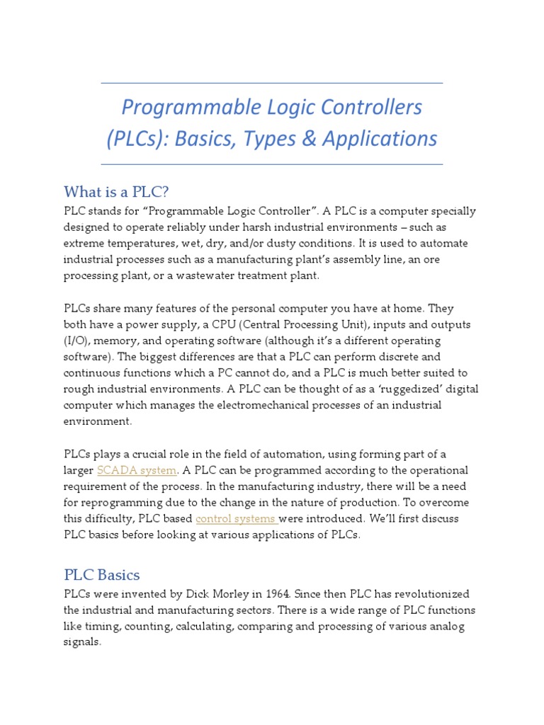 Programmable Logic Controllers (PLCS) : Basics, Types & Applications | PDF | Programmable Logic ...