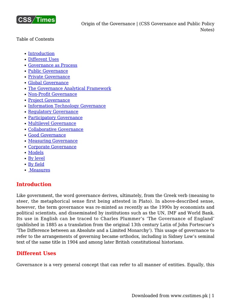 Origin of The Governance - (CSS Governance and Public Policy Notes) PDF ...