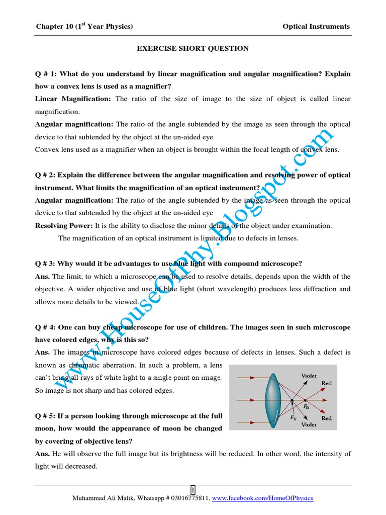 Chapter 10 Exercise Short Questions | PDF | Optics | Angular Resolution