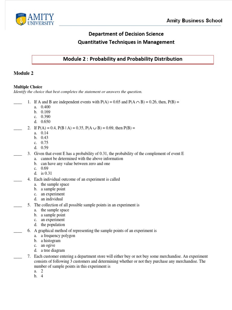 Quiz Module 2 Probability and Probability Distributions PDF | PDF ...