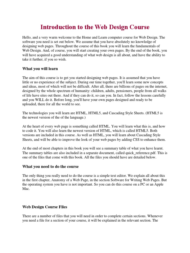 Introduction To The Web Design Course | PDF | Html | Html Element