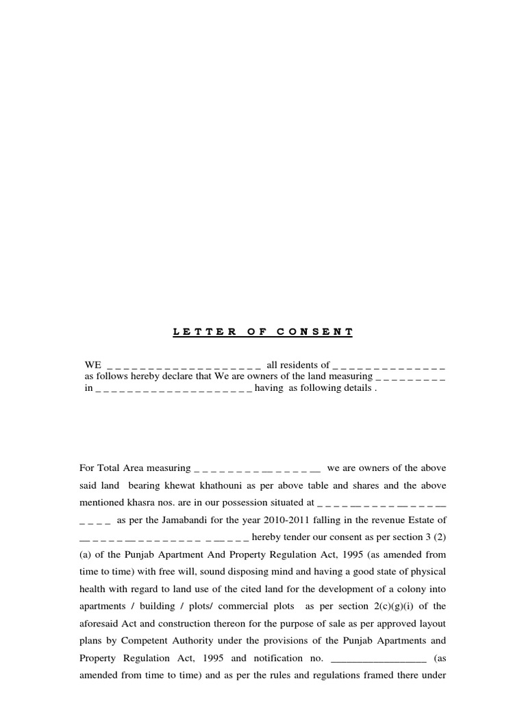 Letter of Consent for Development of Land into Apartments/Plots by ...