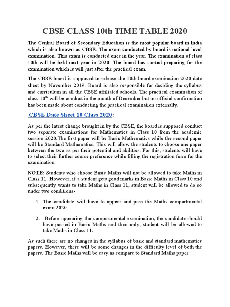 Cbse 10th Time Table 2020 | PDF