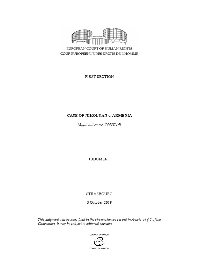 First Section: Case of Nikolyan V. Armenia | PDF | Legal Guardian ...