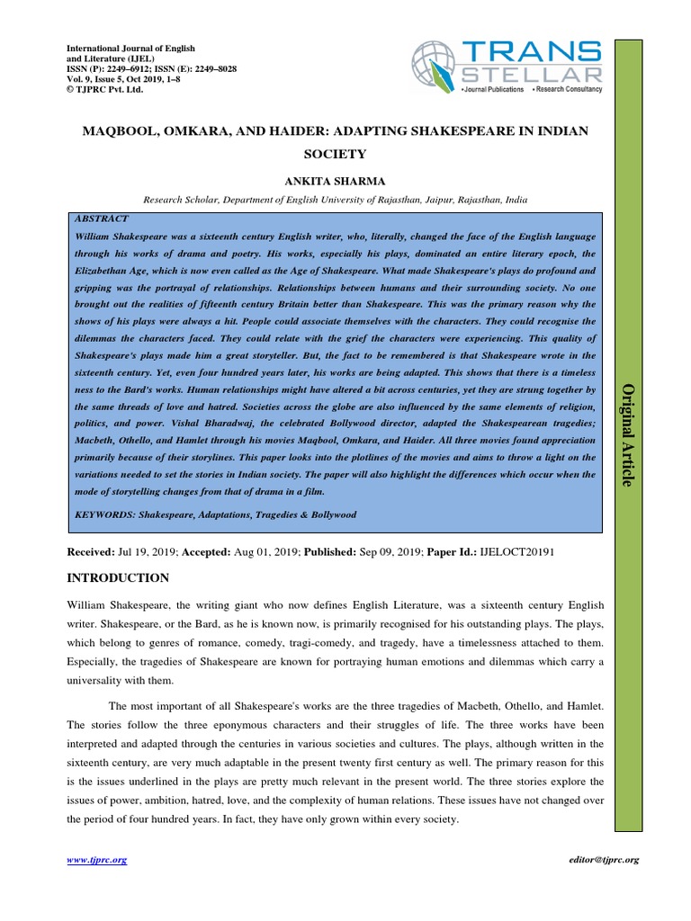 Maqbool, Omkara, and Haider: Adapting Shakespeare in Indian Society ...