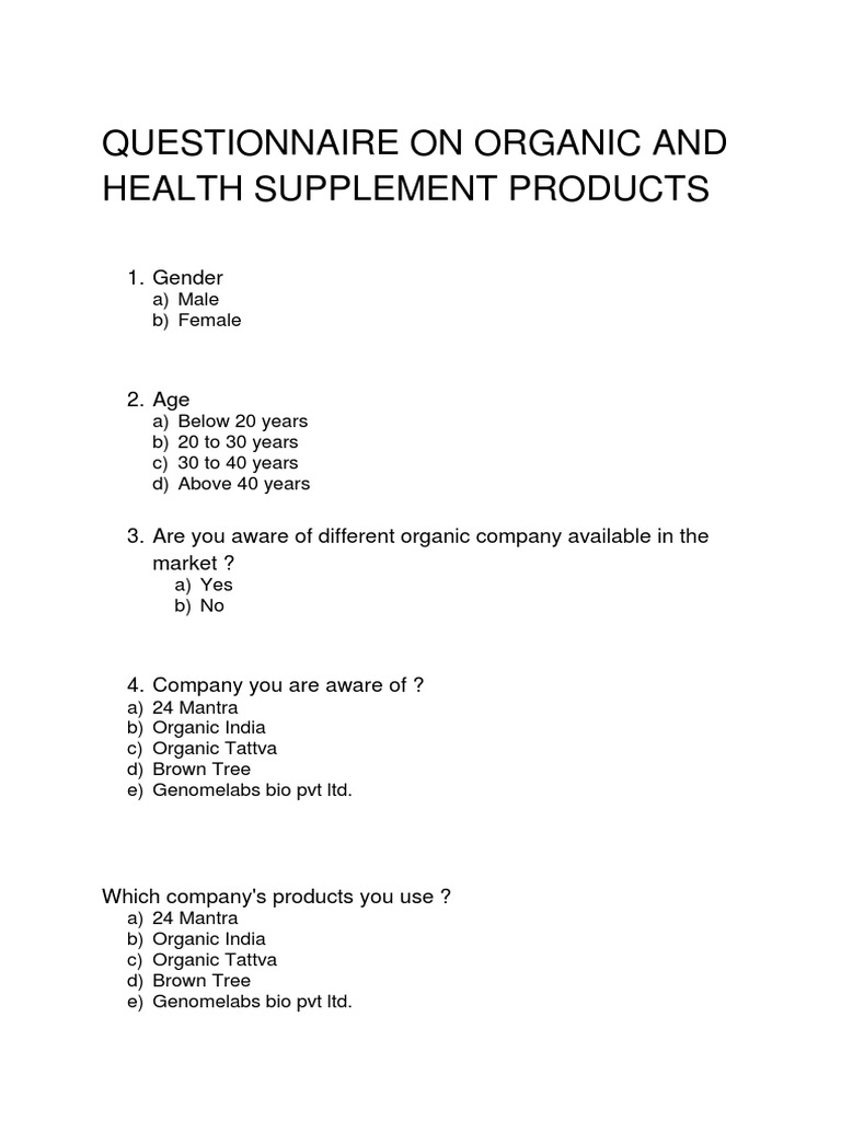 Organic and Supplement Product Questionnaire | PDF | Self-Improvement