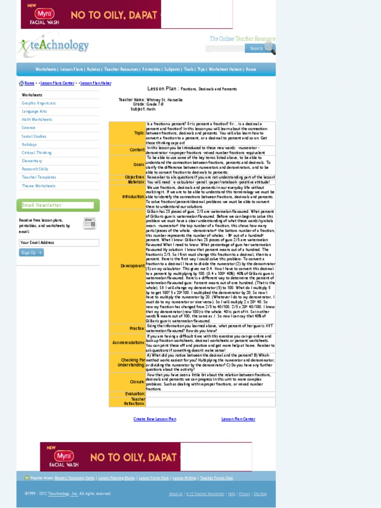 Printable Lesson Plan On Fractions, Decimals and Percents | PDF ...