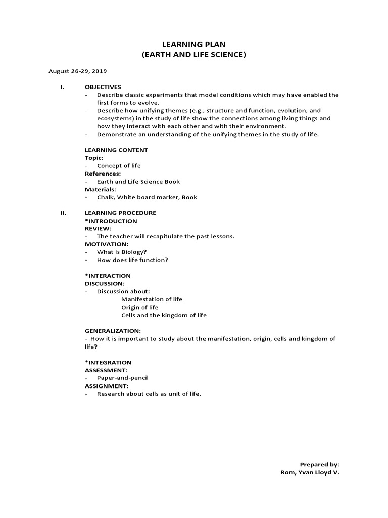 Earth and Life Science Lesson Plan | PDF | Life | Abiogenesis