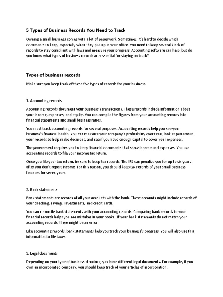 5 Types of Business Records You Need To Track | PDF | Insurance ...