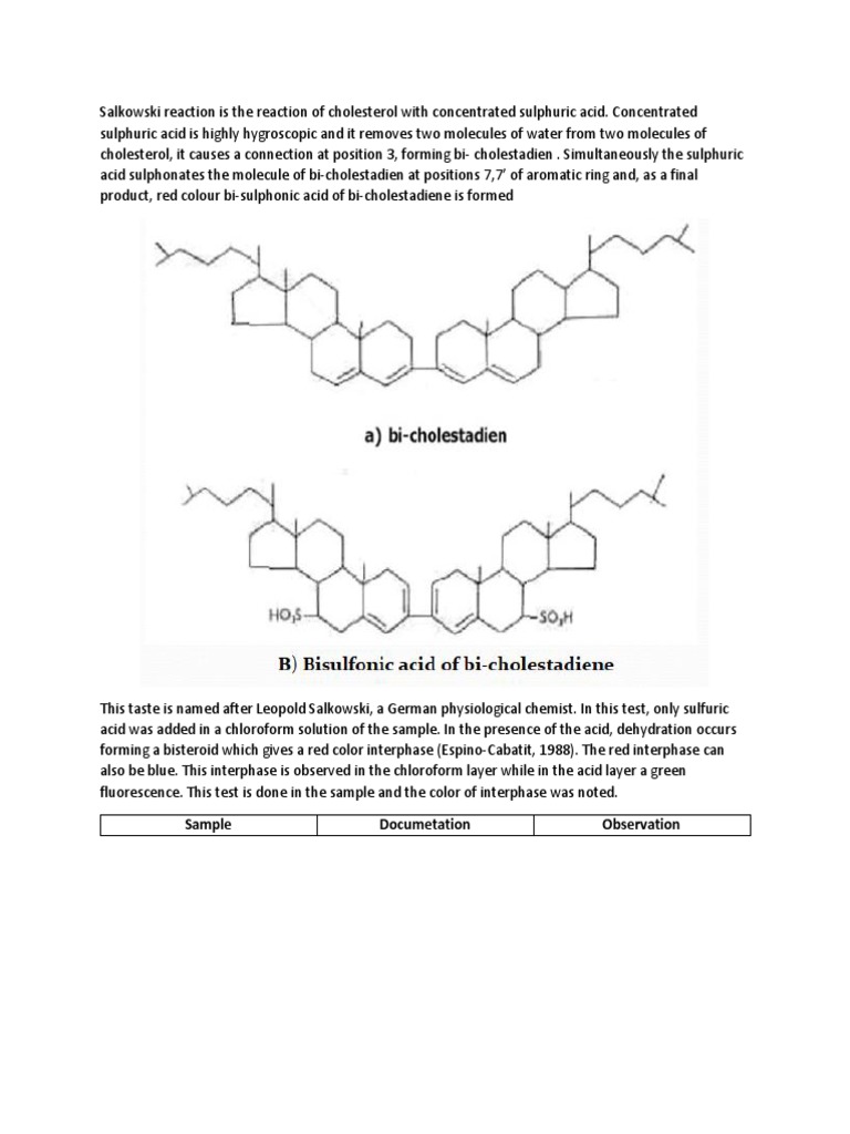 Salkowski Test for Cholesterol Analysis | PDF | Sulfuric Acid | Acid