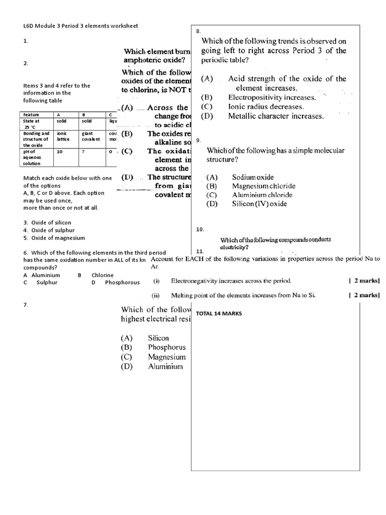 Chemistry Unit 1 Module 3 Period 3 Elements Worksheet | PDF