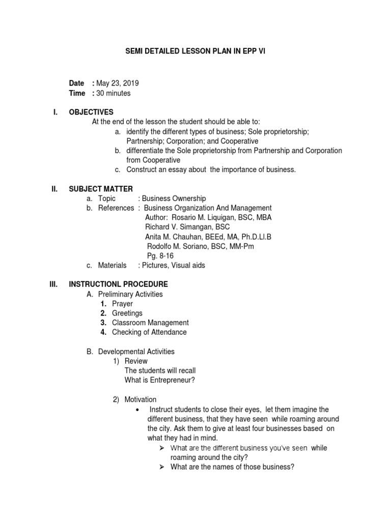Semi Detailed Lesson Plan in Epp VL | PDF | Sole Proprietorship ...