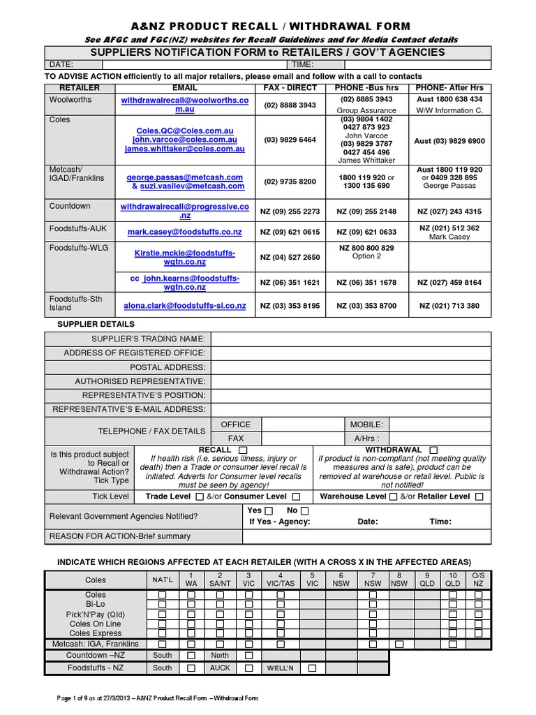 A&Nz Product Recall / Withdrawal Form Suppliers Notification Form To ...