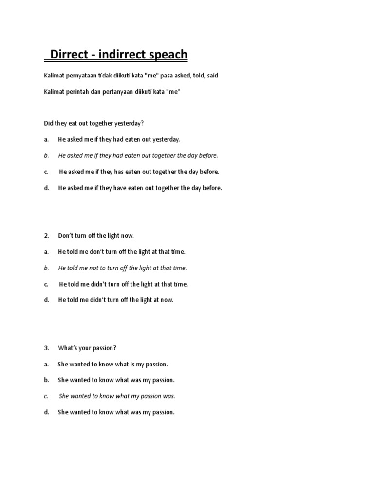 Soal Direct Indirect Speach | PDF | Grammatical Tense | Verb