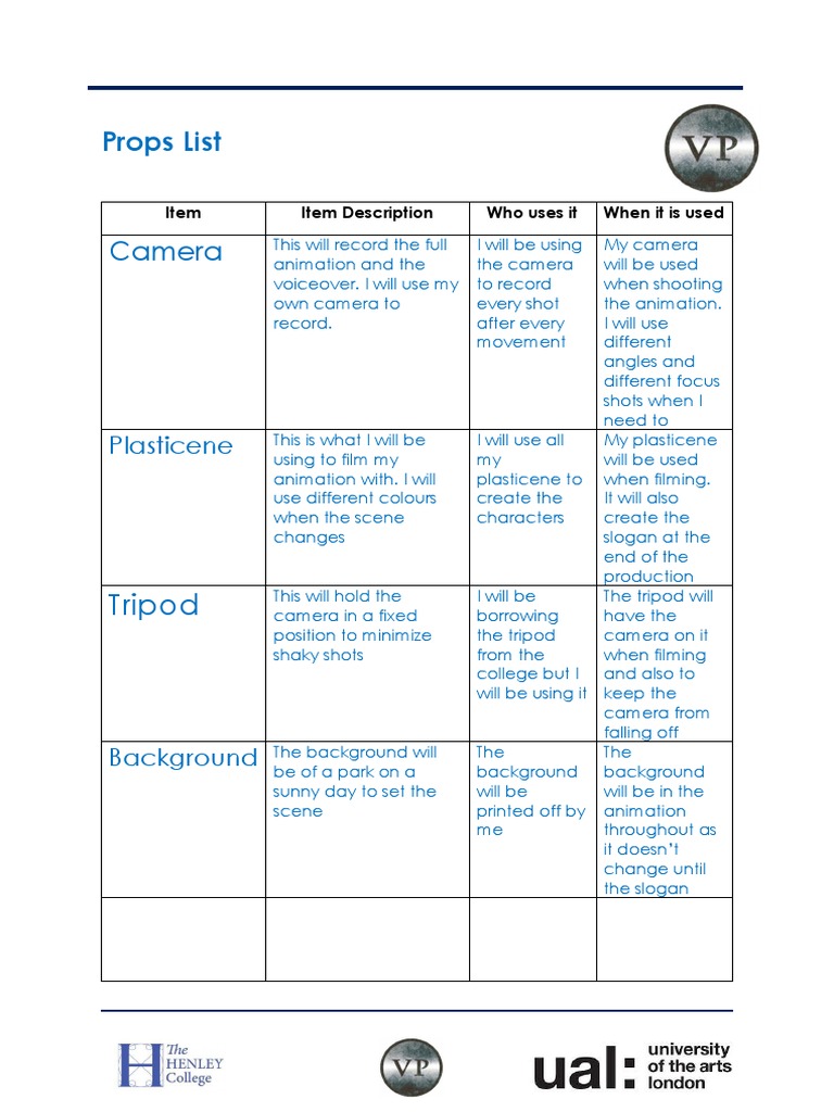 Props List 1 Animation | PDF | Tripod (Photography) | Imaging