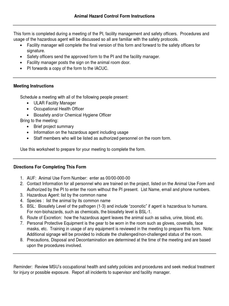 Animal Hazard Control Form Instructions | PDF | Safety | Prevention
