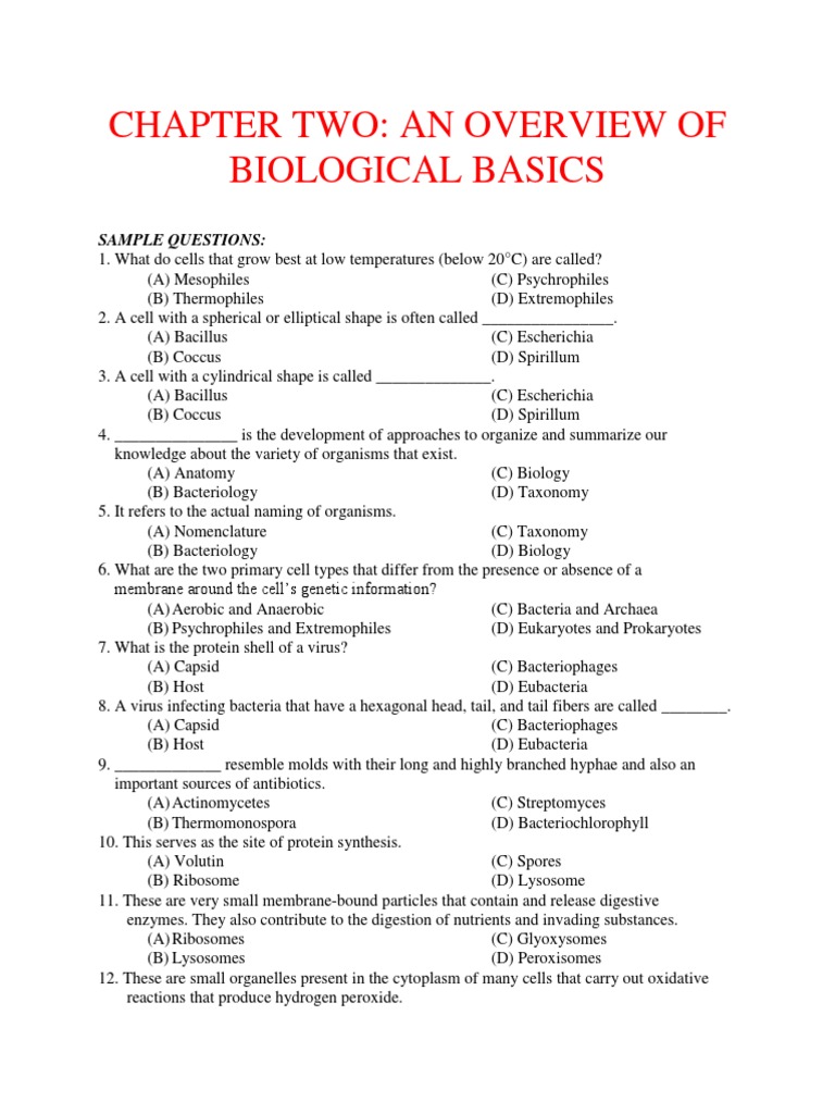 Chapter Two: An Overview of Biological Basics: Sample Questions | PDF ...