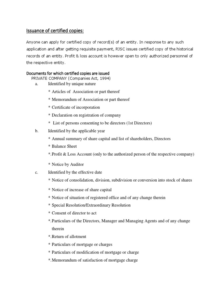 Issuance of Certified Copies | PDF | Articles Of Association | Companies