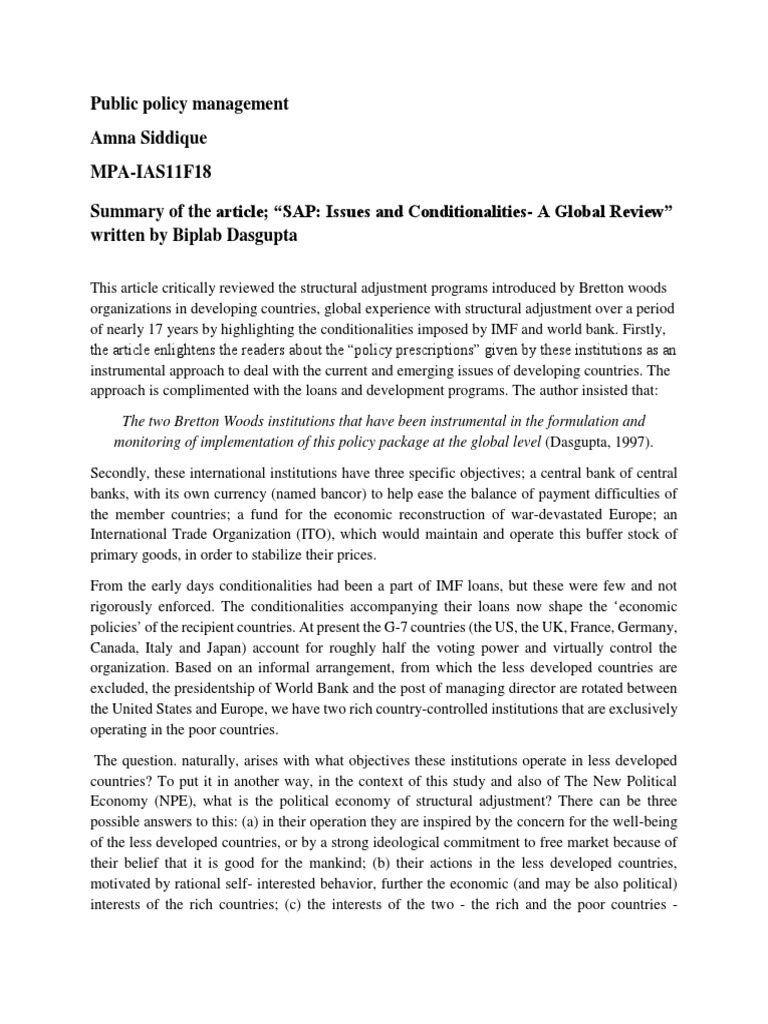 SAP Summary | PDF | Structural Adjustment | International Monetary Fund