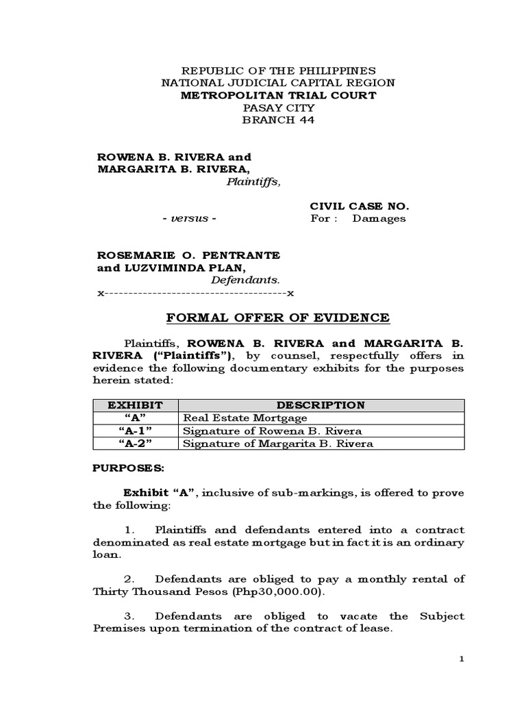Formal Offer of Evidence in Civil Case | PDF | Manila | Virtue