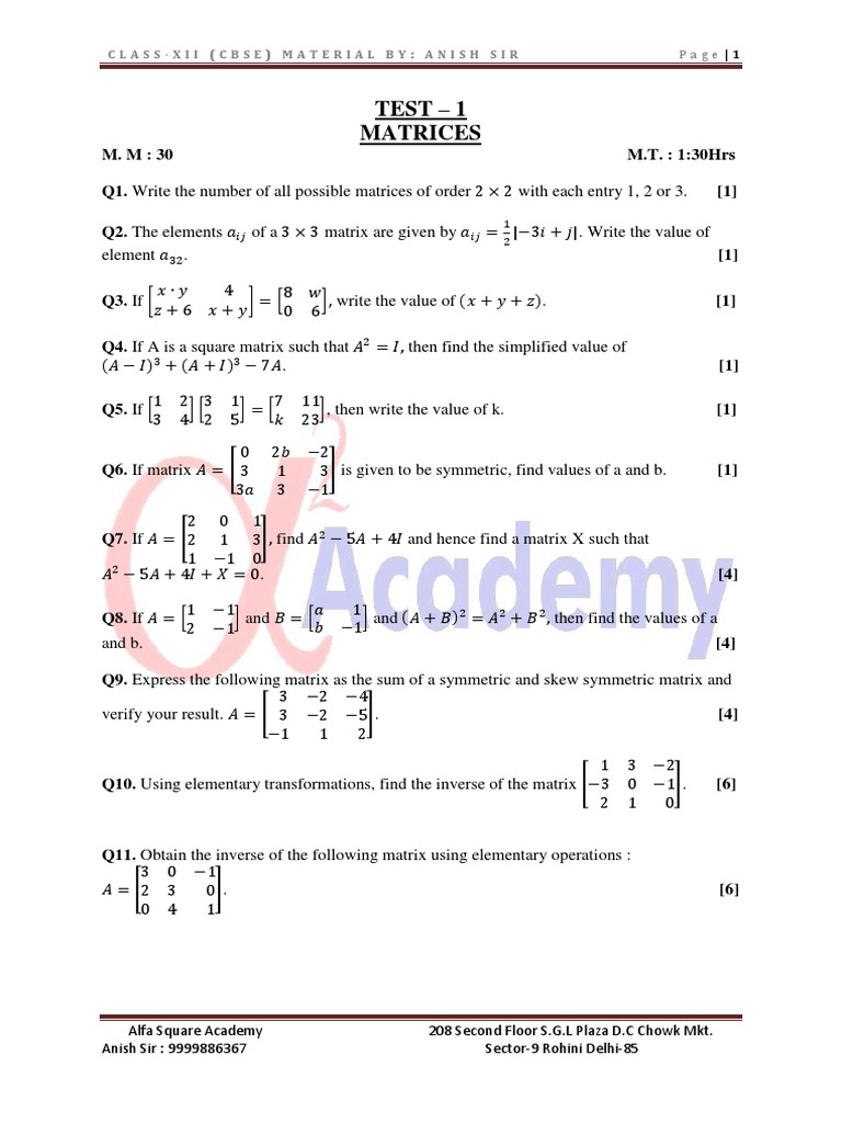 Matrices Test | PDF | Matrix (Mathematics) | Functional Analysis