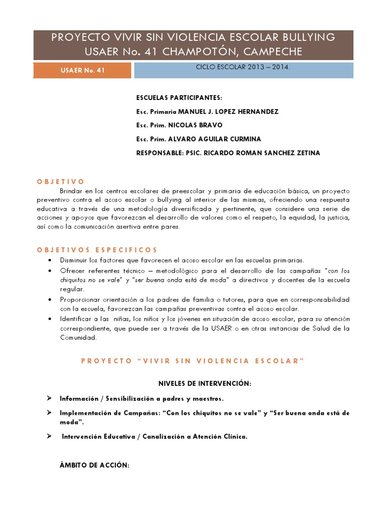 Proyecto Vivir Sin Violencia Escolar Bullying | PDF | Violencia | Abuso ...