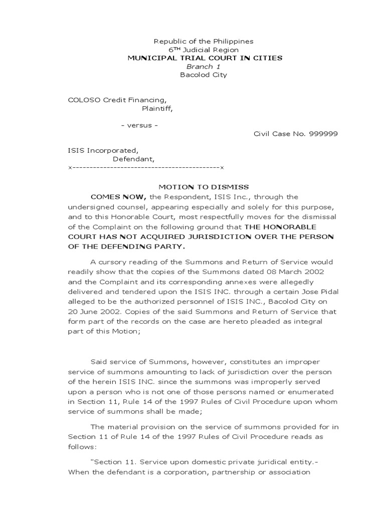 Motion To Dismiss - Sample | PDF | Summons | Complaint