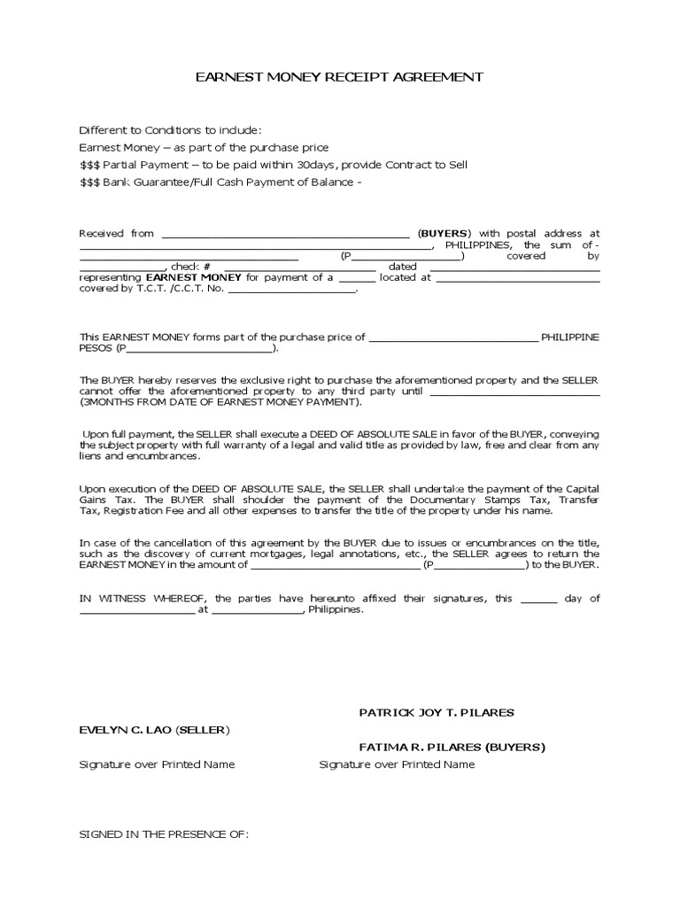 Earnest Money Receipt Agreement Template | PDF