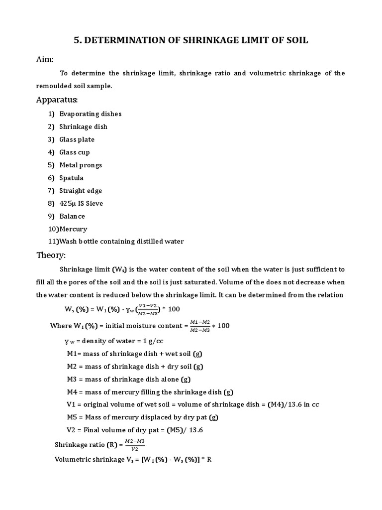 Shrinkage Limit and Ratio Determination | PDF | Soil | Nature