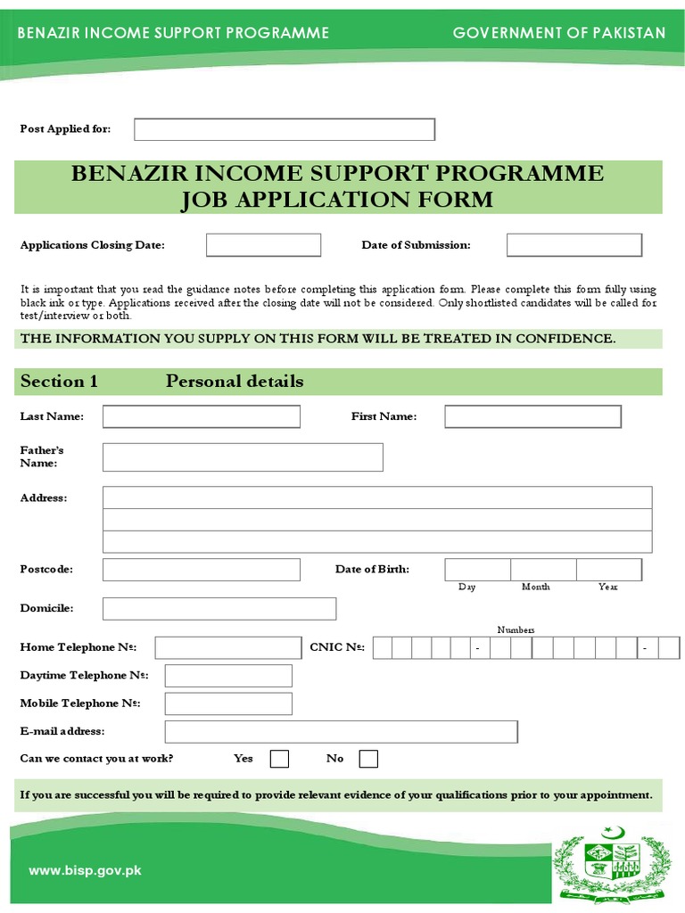 Job Application Form BISP | PDF | Employment | Government Information