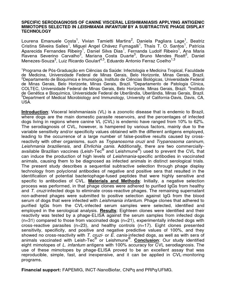 8024 Specific Serodiagnosis of Canine Visceral Leishmaniasis Applying ...