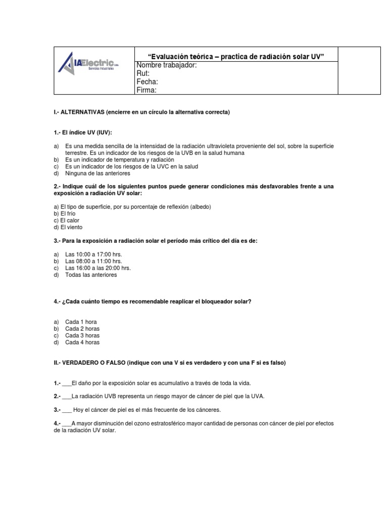 Evaluación Teórica Practica Rayos Uv | PDF