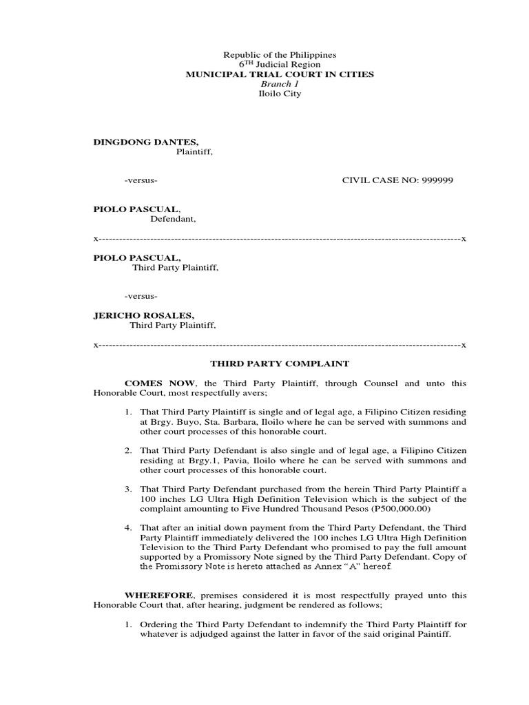 Third Party Complaint | PDF | Plaintiff | Courts