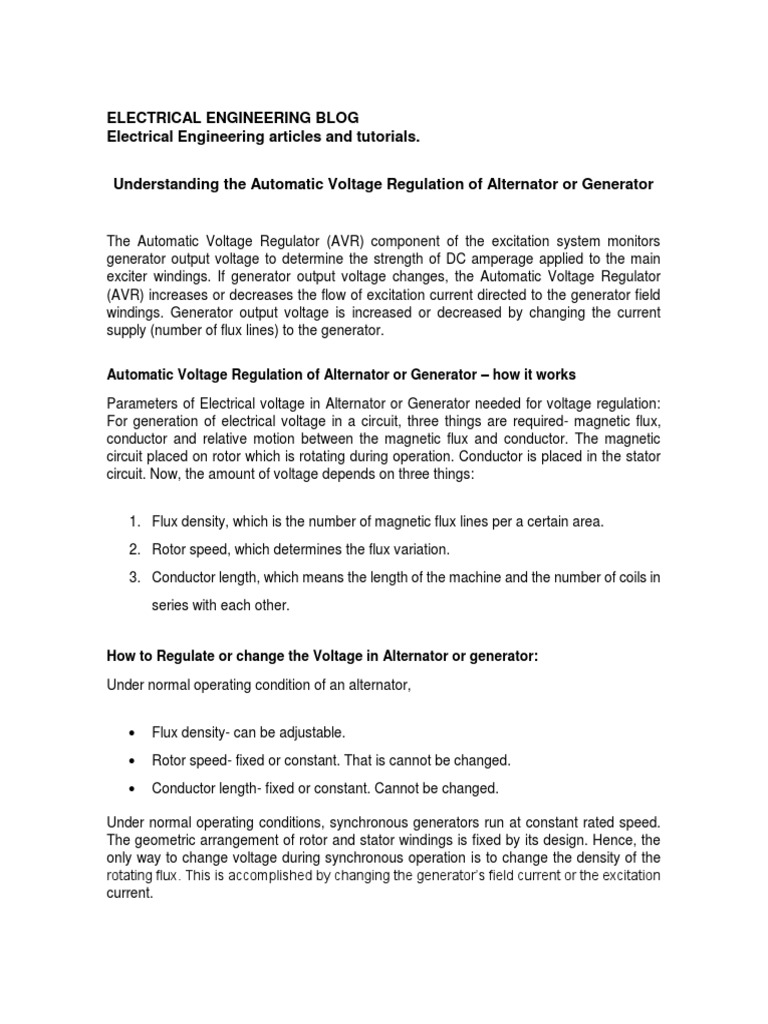 Understanding The Automatic Voltage Regulation of Alternator or Generator | Download Free PDF ...