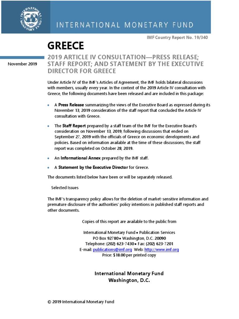 Greece: 2019 Article Iv Consultation-Press Release Staff Report and ...