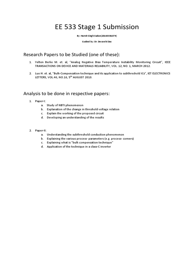 EE 533 Stage 1 Submission: Research Papers To Be Studied (One of These ...