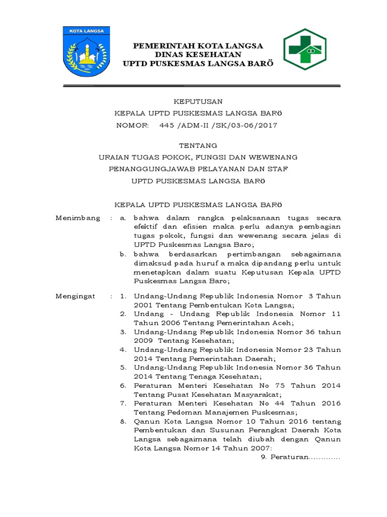 Sk. Uraian Tugas Tanggung Jawab Dan Wewenang | PDF