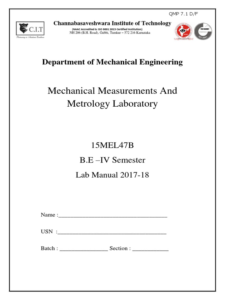 Mechanical Measurements and Metrology Lab Manual | PDF | Thermocouple | Electrical Resistance ...