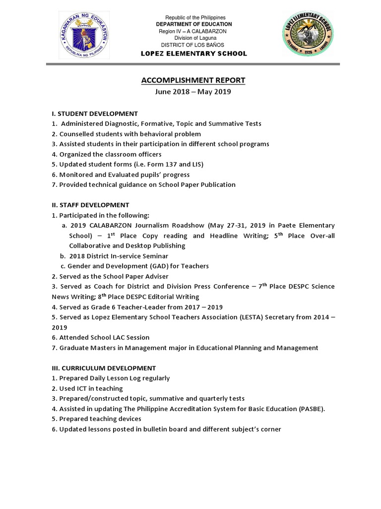 Accomplishment Report: I. Student Development | PDF | Teachers ...