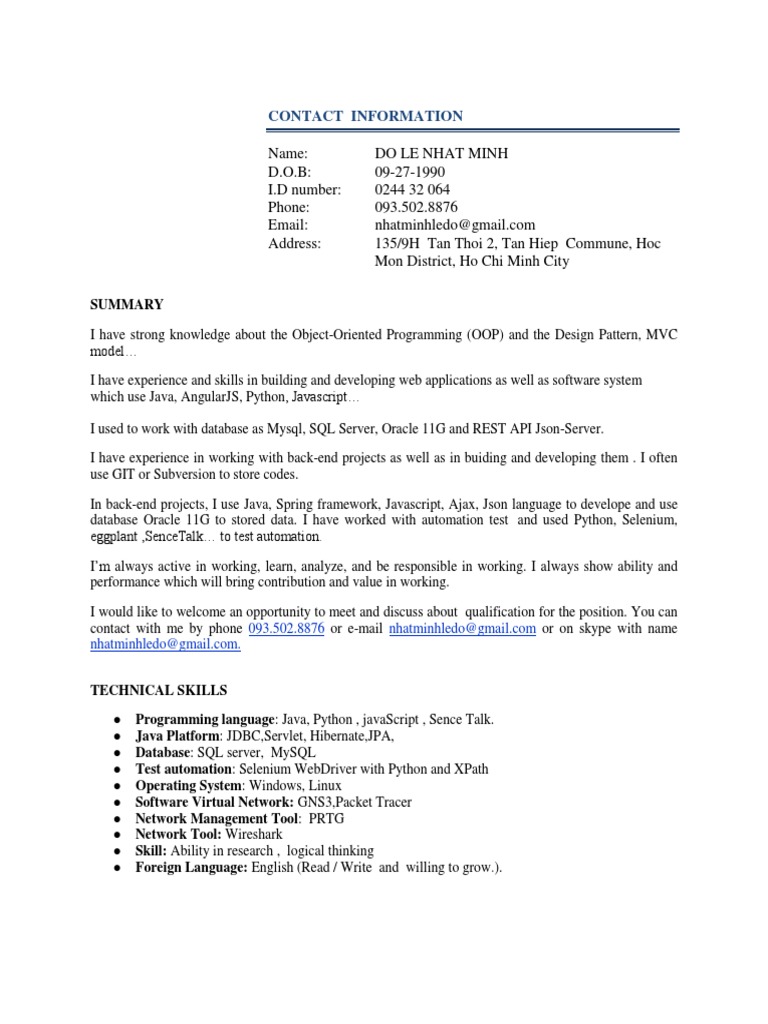 DoLeNhatMinh CV | PDF | Spring Framework | Java (Programming Language)