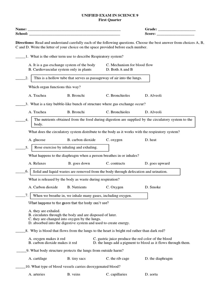 Test Questions With Answer Key - Science 9 | PDF | Lung | Heart