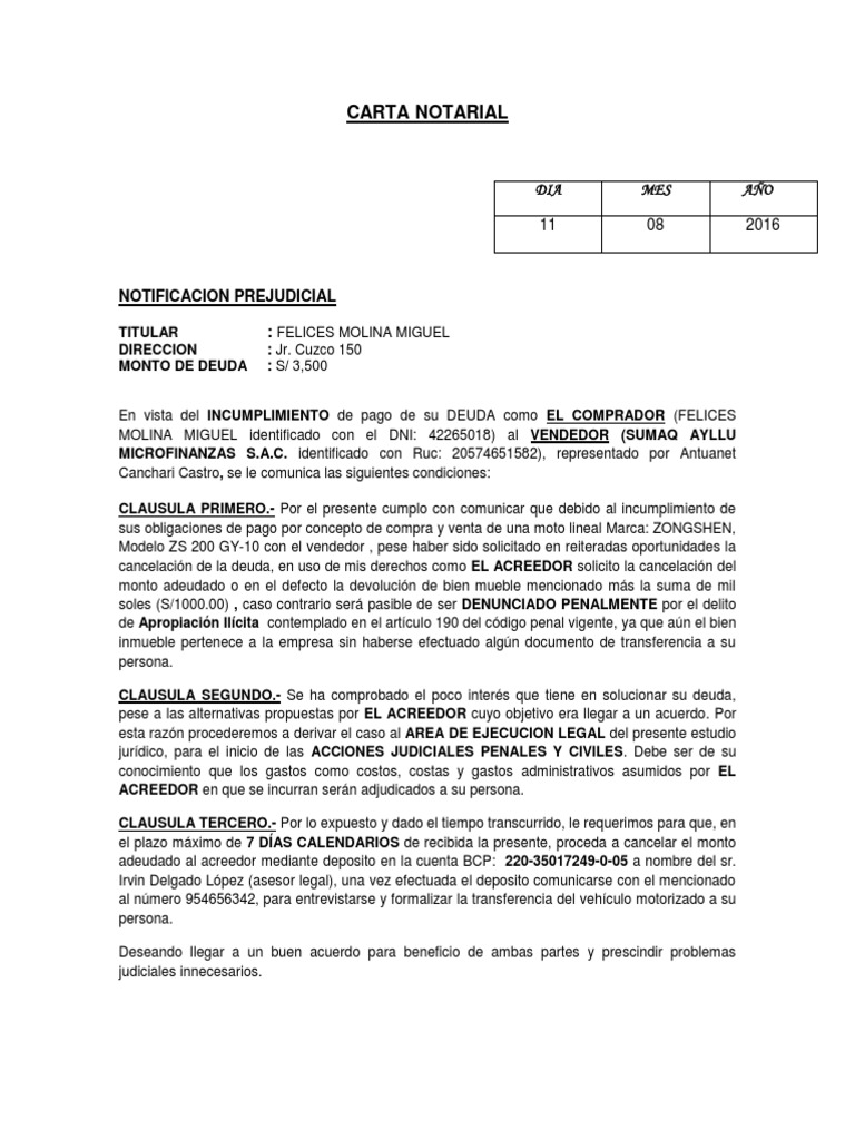 Carta Notarial de Devolucion de Vehiculo | PDF | Gobierno ...