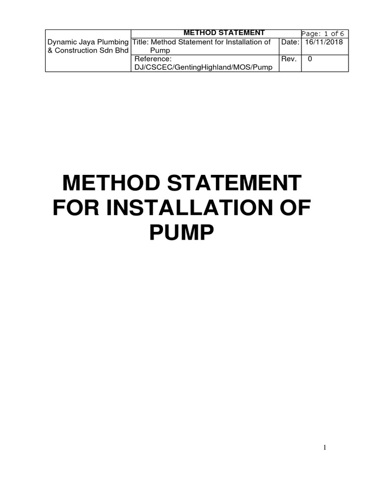 Method of Statement For Installation of Pump | PDF | Pump | Equipment