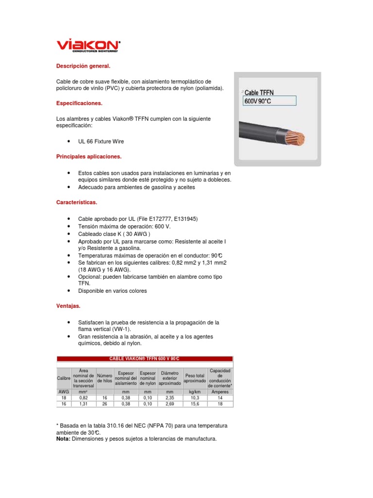VIAKON - Hoja Técnica de Cable TFFN v2 | PDF