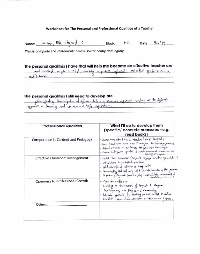Worksheet For The Personal & Professional Qualities of A Teacher | PDF