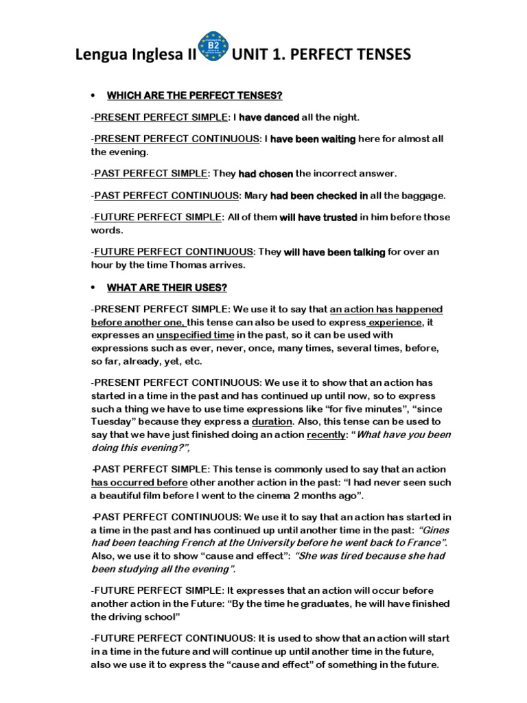 Perfect Tenses - Unit 1 b2+ | PDF | Perfect (Grammar) | Grammatical Tense