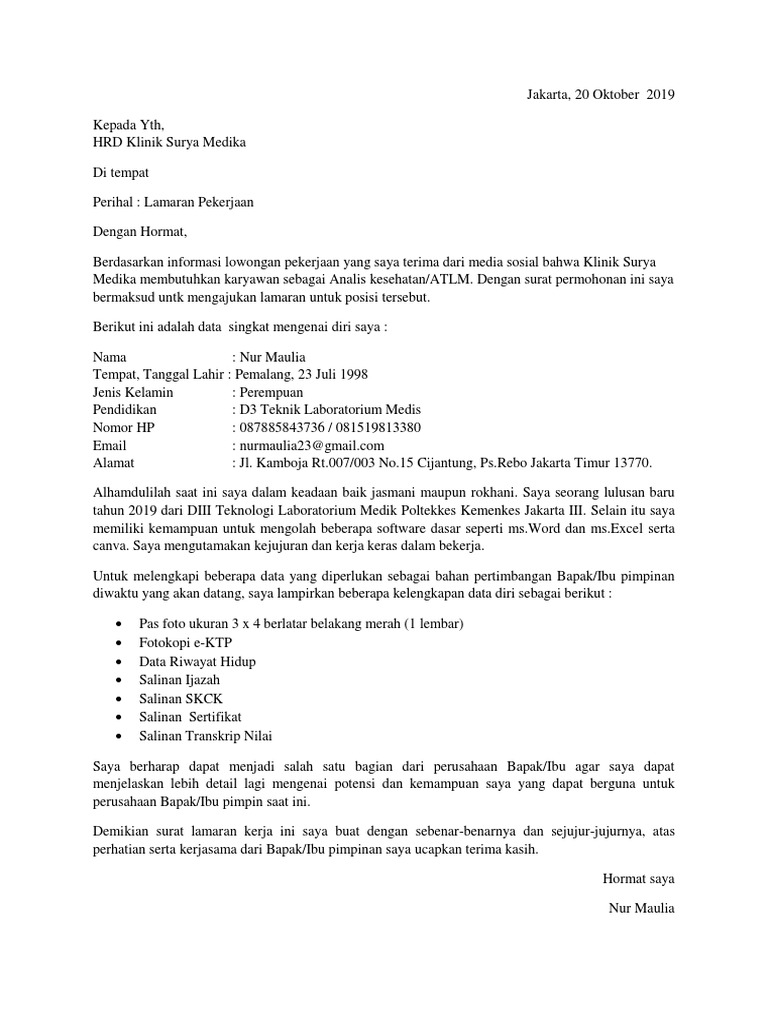Surat Lamaran Pekerjaan Ke Klinik Surya Medika | PDF