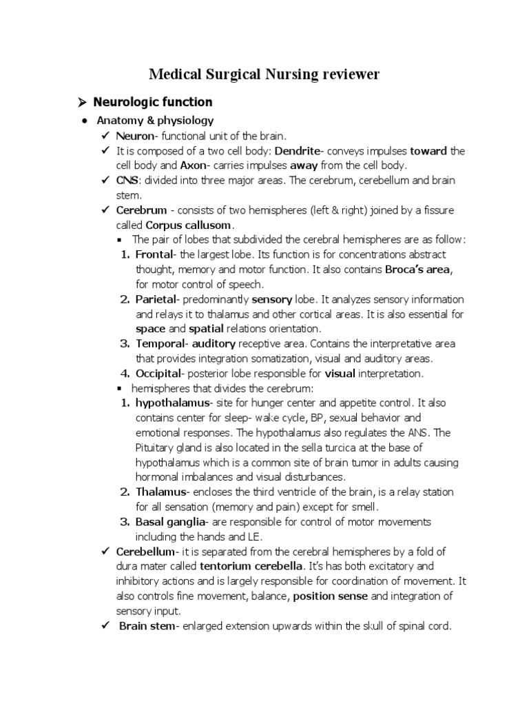 Medical Surgical Nursing Reviewer | PDF | Cerebrum | Cerebral Hemisphere
