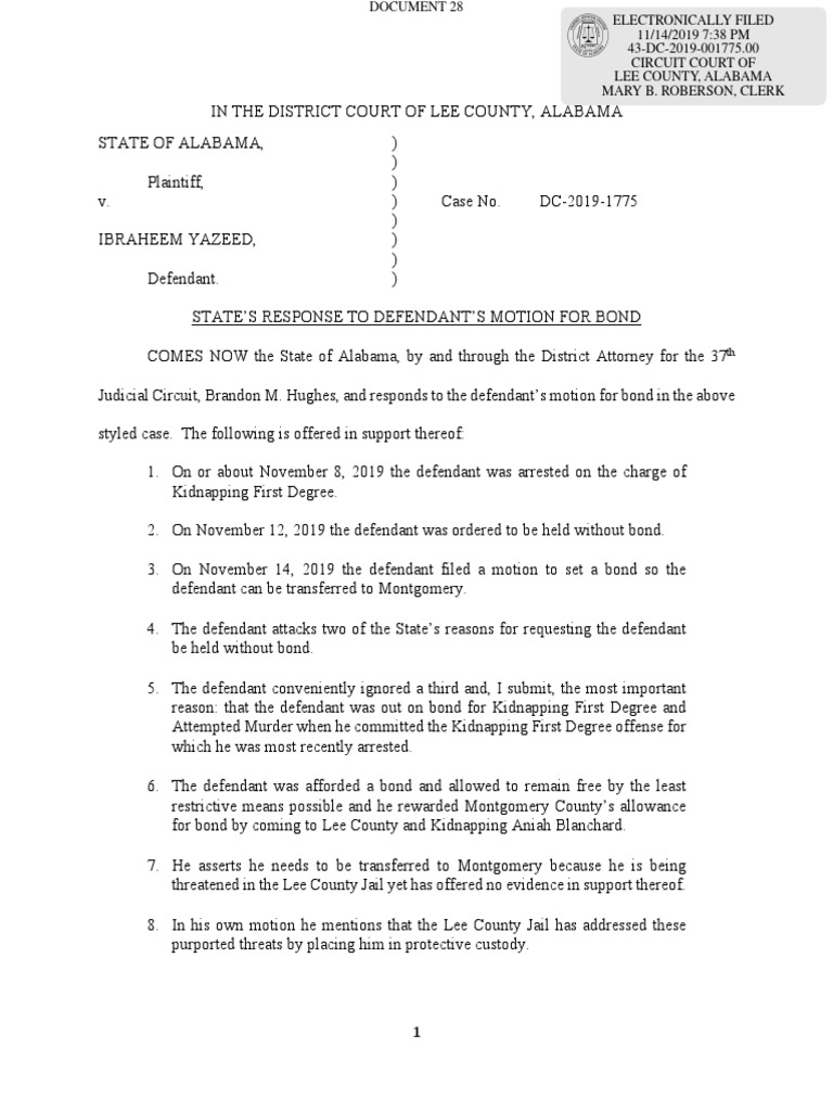 Objection to Motion to Set Bond | Defendant | Wisconsin Circuit Courts