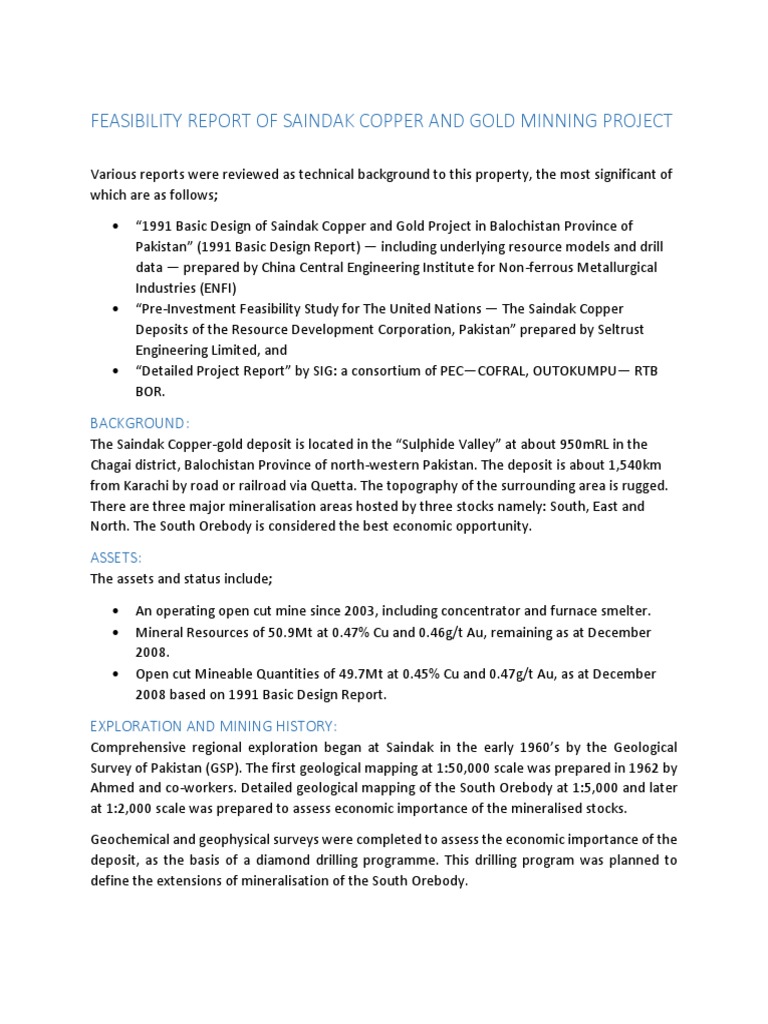 Feasibility Report of Saindak Copper and Gold Minning Project | PDF ...